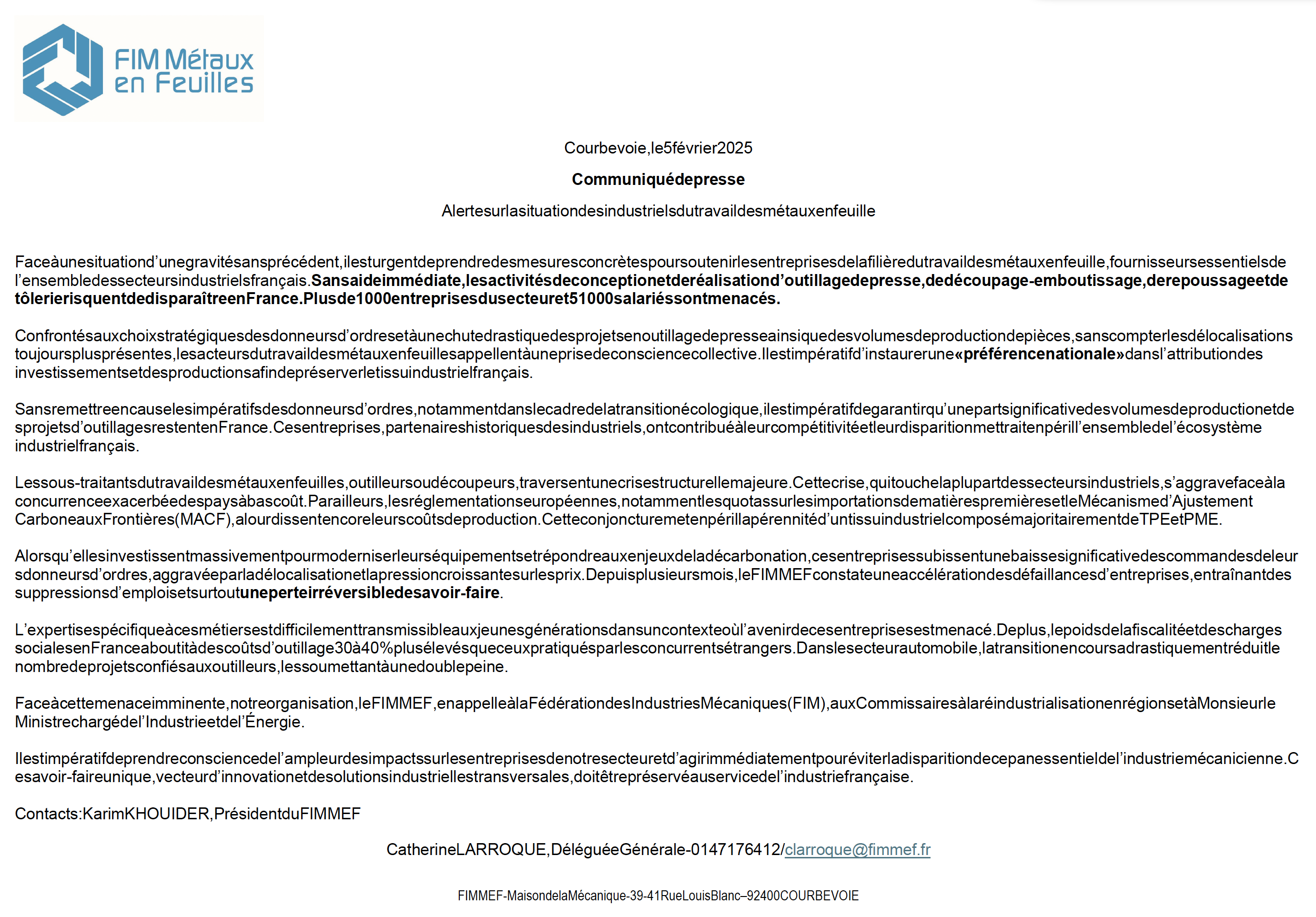 Communiqué de presse - FIMMEF